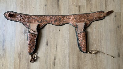 Hand Tooled Leather Gun Slinger Double Holster Belt Revolver Western ...