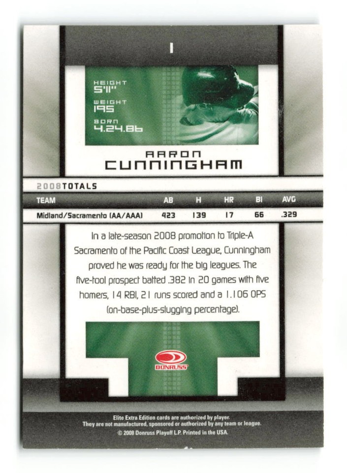 2008 Donruss Elite Extra Edition Aaron Cunningham #1 Oakland Athletics ...