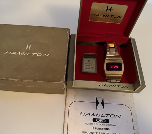 beautiful vintage hamilton day/date/month led swiss made watch with box ...