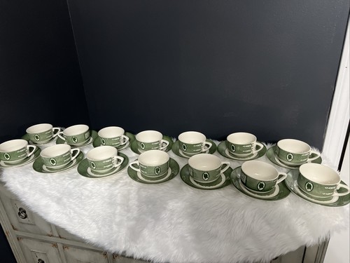 Set Of 14 VTG . Green Transferware Cups Saucers Royal China Colonial ...