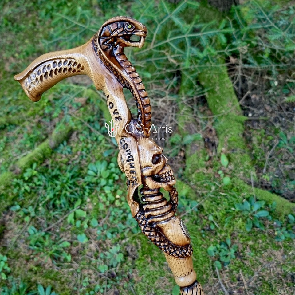 Cobra Snake & Skull Wood Crafted walking cane stick, Engraved walking ...