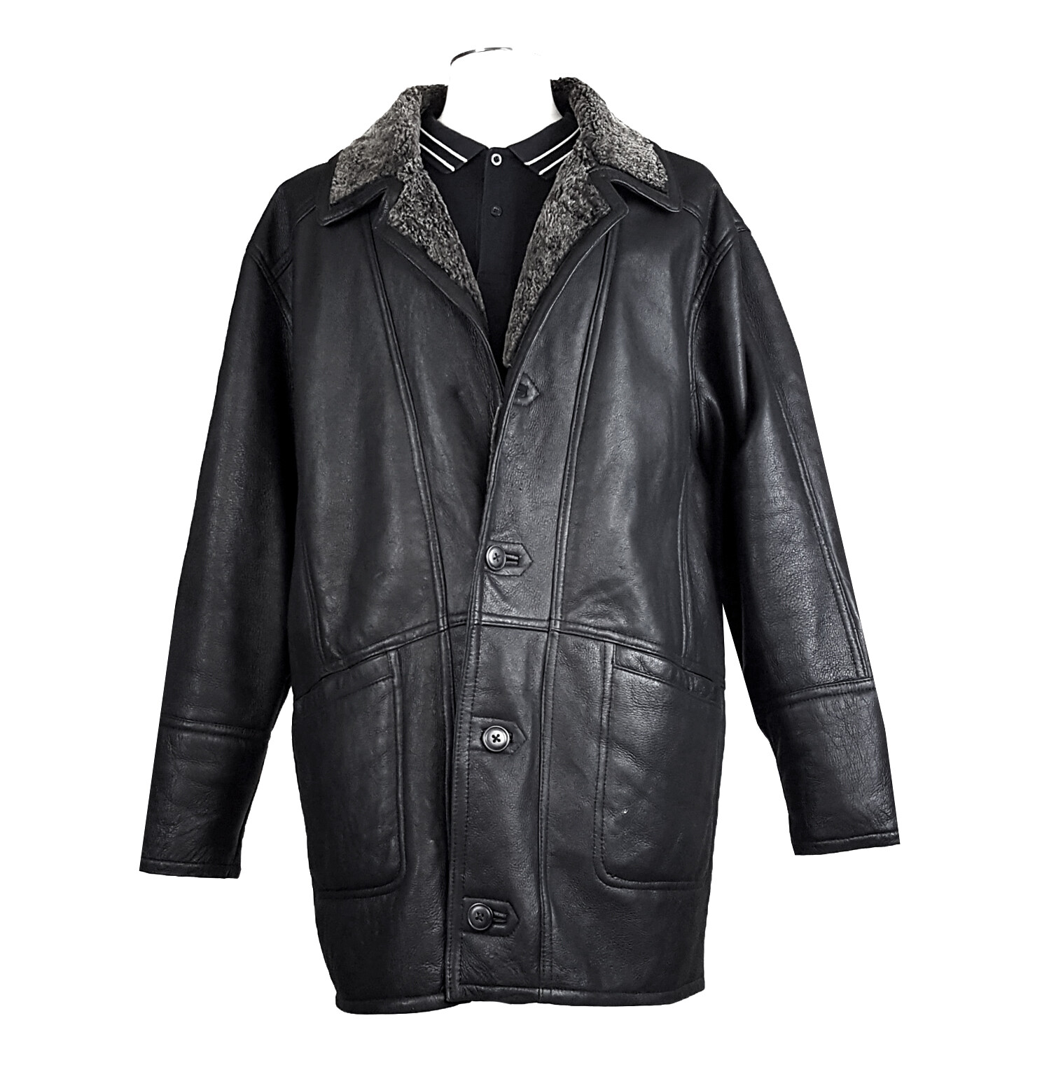 GENUINE SHEARLING Sheep Skin XL Black Overcoat Mens - Gem