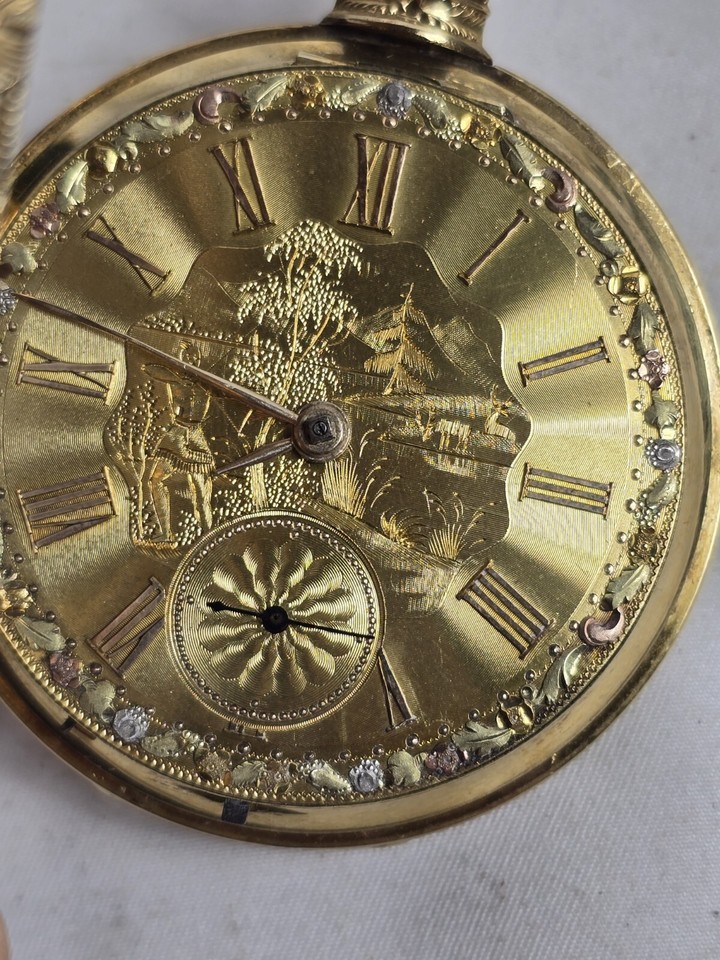 M.J. Tobias 18K Gold Fusee Key Wind Pocket Watch, Native Indian Dial ...