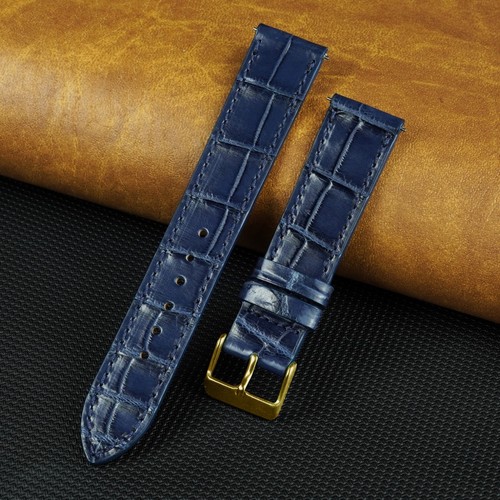 19mm Blue Flat Leather Watch Band Men Real Crocodile Watch Strap Gold ...