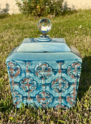 Ceramic Blue Canister Jar wLid & Prism Crystal Glass Knob Embossed ...