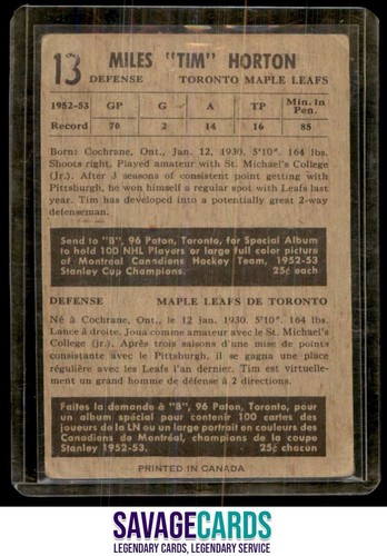 1953-54 Parkhurst Tim Horton #13 Toronto Maple Leafs | eBay
