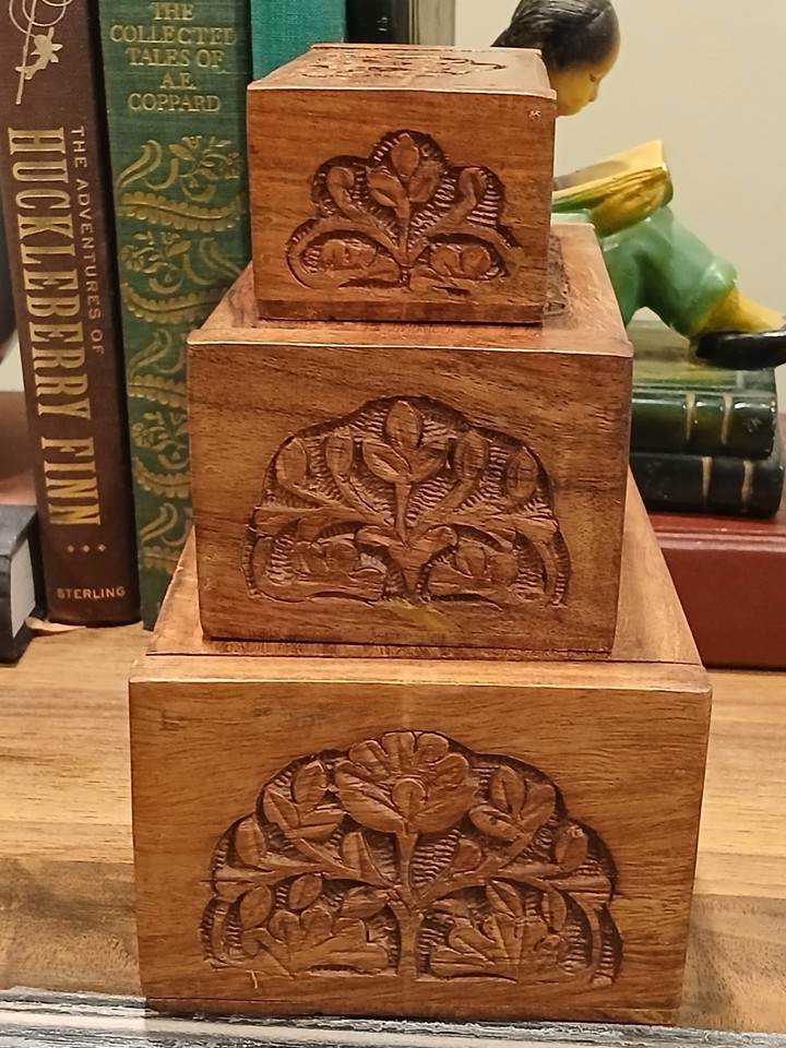 VTG CARVED WOOD FLORAL NESTING BOX SET MADE IN INDIA KEEPSAKES, TRINKET ...