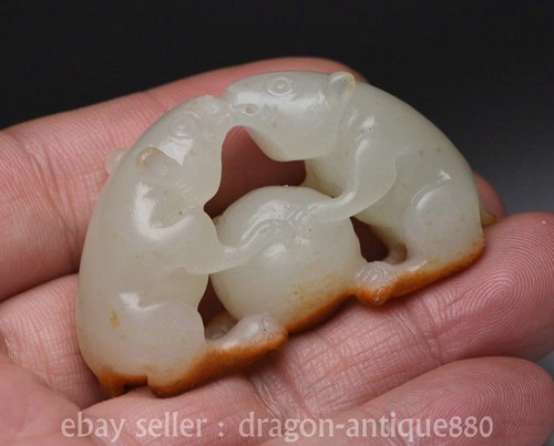2.1" ancient Chinese natural hetian jade carving Double bear statue ...