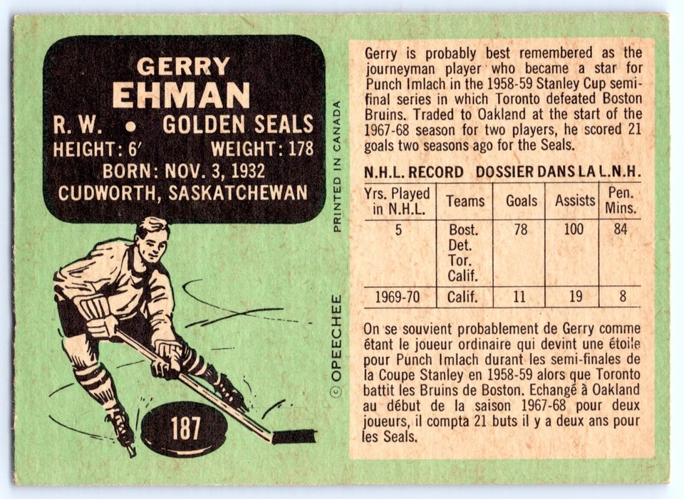 GERRY EHMAN 1970-71 O-PEE-CHEE 70-71 NO 187 EXMINT 44352 | eBay