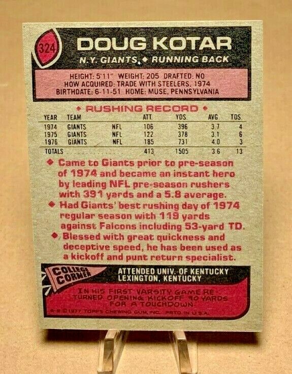 1977 Topps 🏈 DOUG KOTAR #324, N.Y. Giants - NM | eBay
