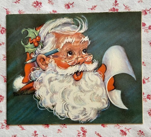 Vintage Mid Century Christmas Santa Claus with List Greeting Card | eBay
