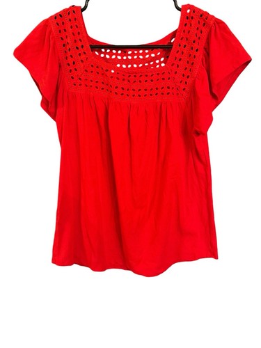 ST JOHNS BAY Women's Size Med Red Short Sleeve Eyelet Square Neck Top ...