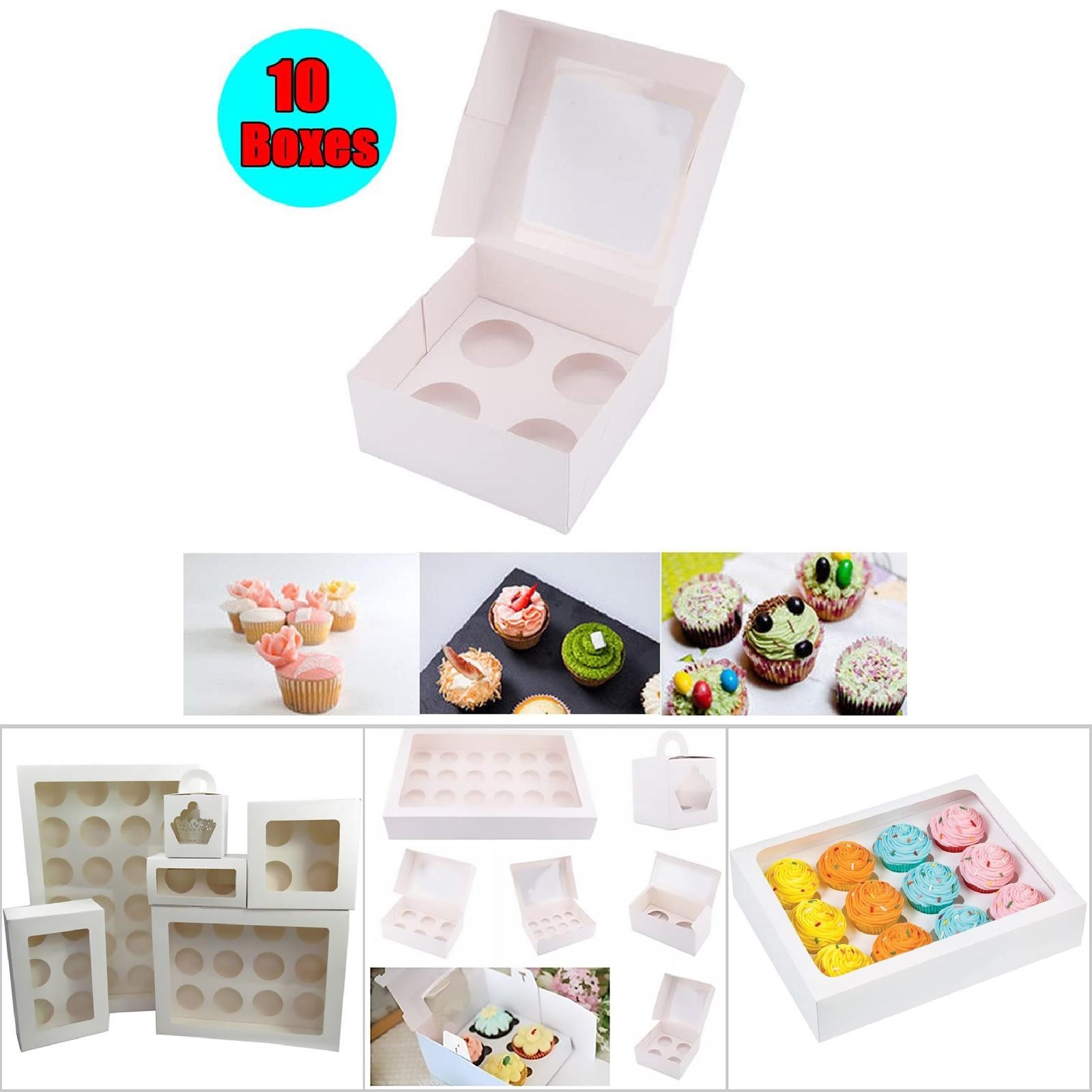 10Pcs Cupcake Box Range 4 Hole Window Face Wedding Birthday Party Gift ...
