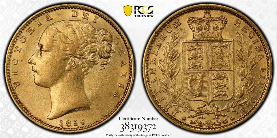 1850 Gold Full Shield Sovereign Queen Victoria Coin - Graded PCGS AU58 ...