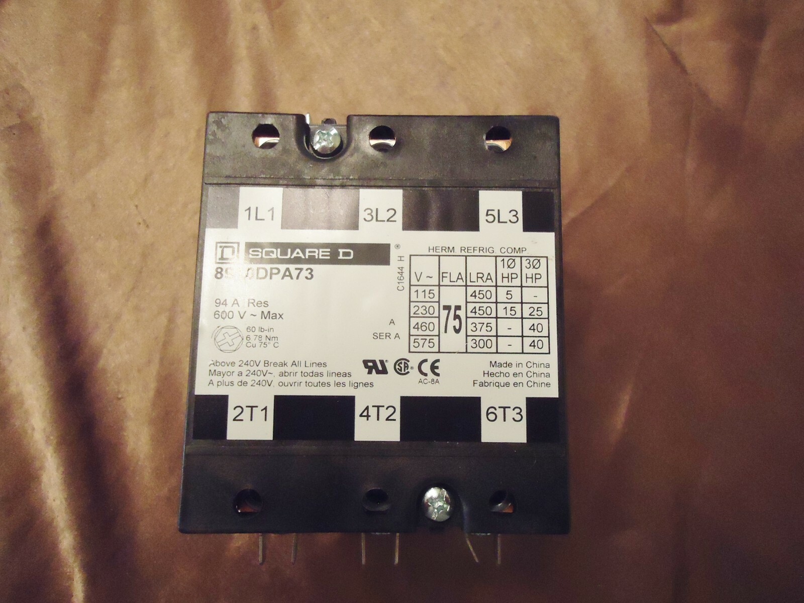 SQUARE D 8910DPA73 94A RES. 600V-MAX WITH SQUARE D TYPE D10/D11 CLASS ...