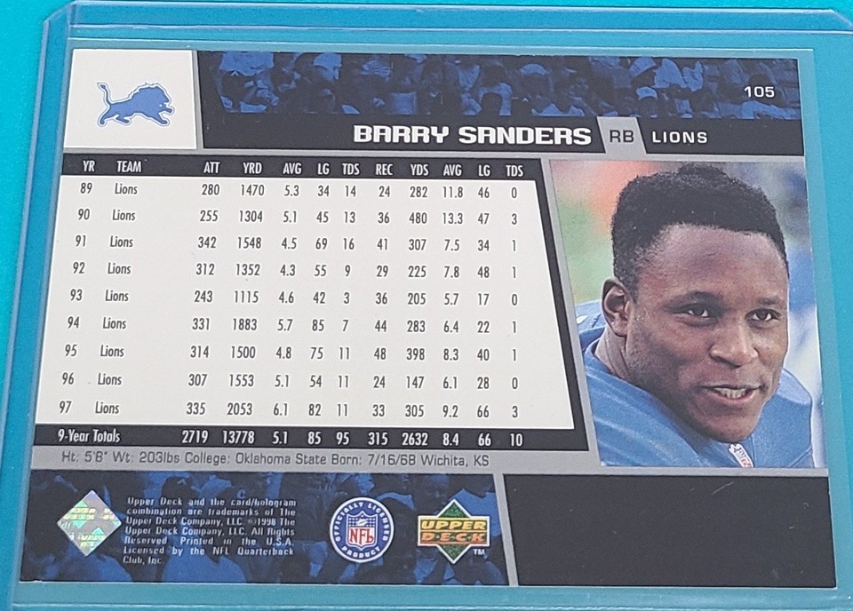 1998 Upper Deck GD #105 Barry Sanders Detroit Lions Football Card Z5 | eBay