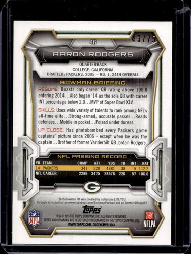2015 Bowman Aaron Rodgers Veterans Gold #/75 Packers | eBay