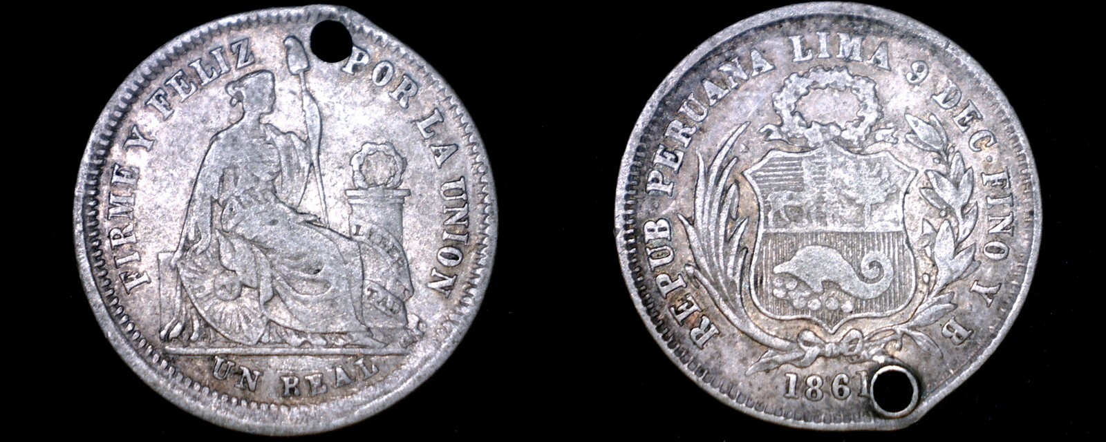 1861-YB Peruvian 1 Real World Silver Coin - Peru - Holed | eBay