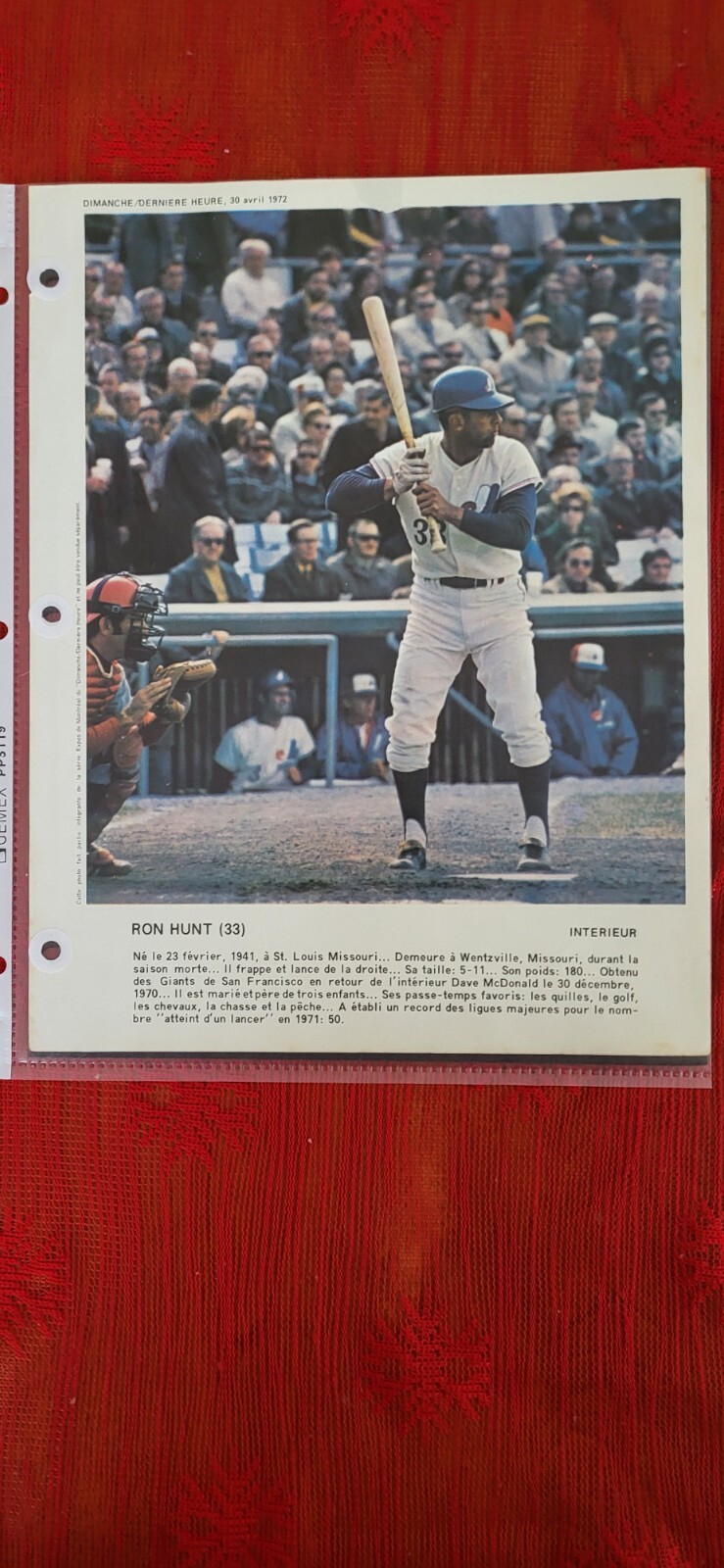 RON HUNT POSTER COLOR 8 BY 11 inches MONTREAL EXPOS 1972 DERNIERE HEURE ...