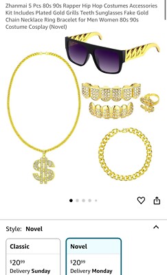 5Pcs Hip Hop Costume Kit 80s/90s Hip Hop Accessories Fake Gold Necklace ...