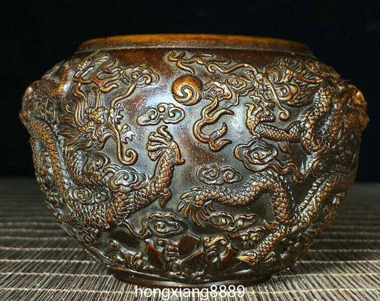Old Chinese Bronze Dragon Loong Play Bead Pot Jar Crock Incense Burner ...