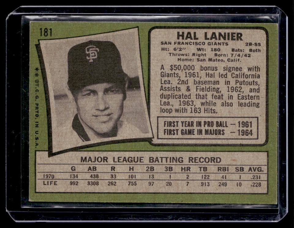 1971 Topps #181 Hal Lanier San Francisco Giants VG-EX+ Baseball Card ...