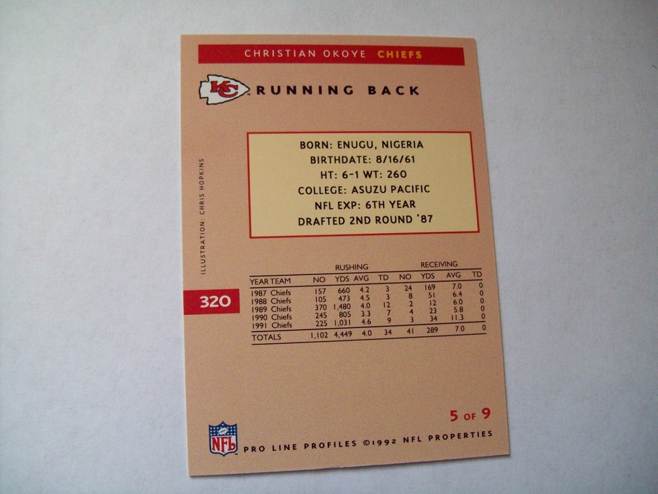 CHRISTIAN OKOYE KANSAS CITY CHIEFS #320 1992 PRO LINE PROFILES 5 of 9 ...