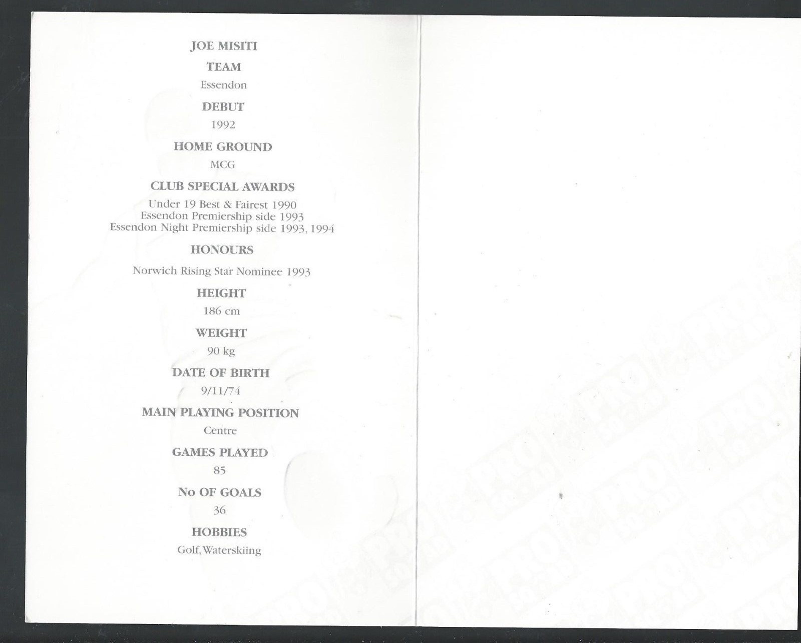 Essendon Bombers Joe Misiti Greeting Card | eBay