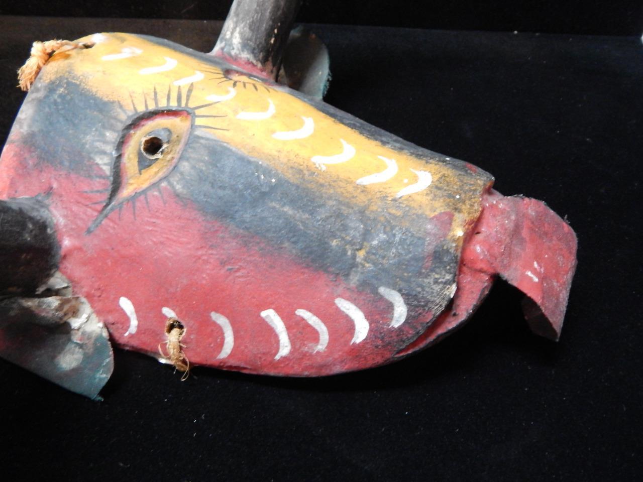VINTAGE MEXICAN HORNED COW / BULL DANCE MASK CARVED WOOD MEXICO LEATHER ...