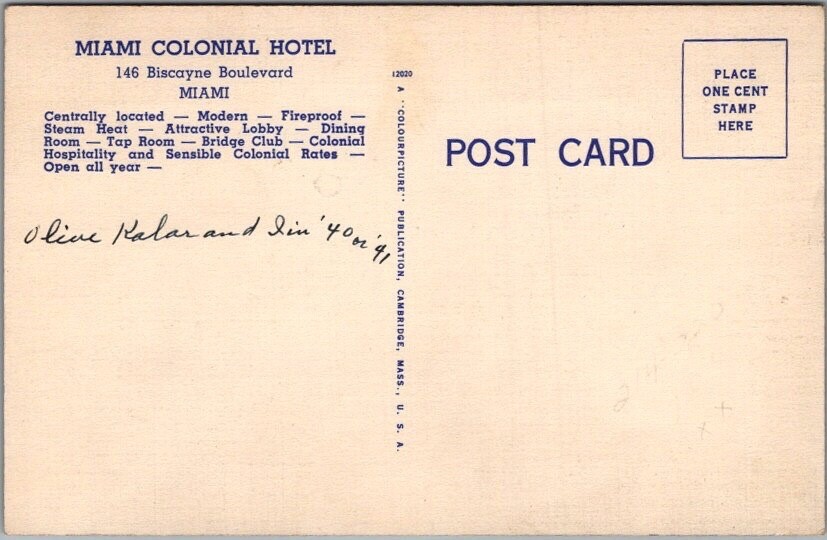1940s Miami, Florida Postcard MIAMI COLONIAL HOTEL "Overlooking ...