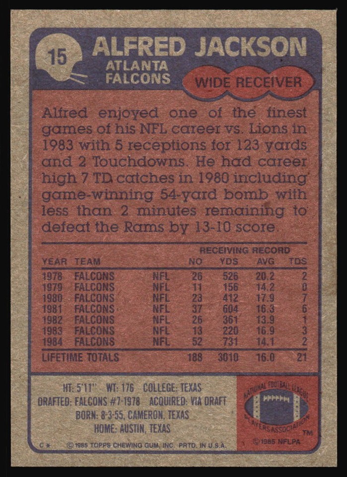 1985 Topps Alfred Jackson #15 Atlanta Falcons | eBay