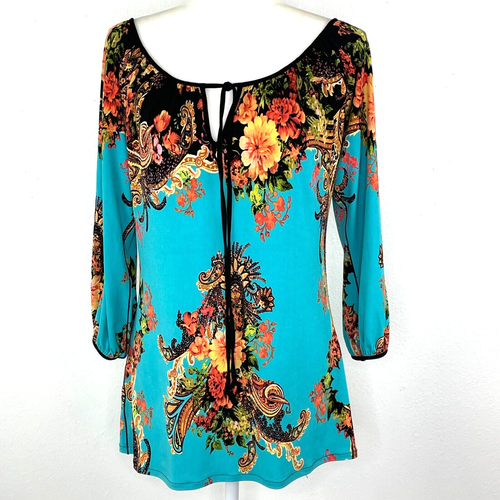 Eva Varro Top Size S Floral Baroque Stretch Blue Black Neck Tie | eBay