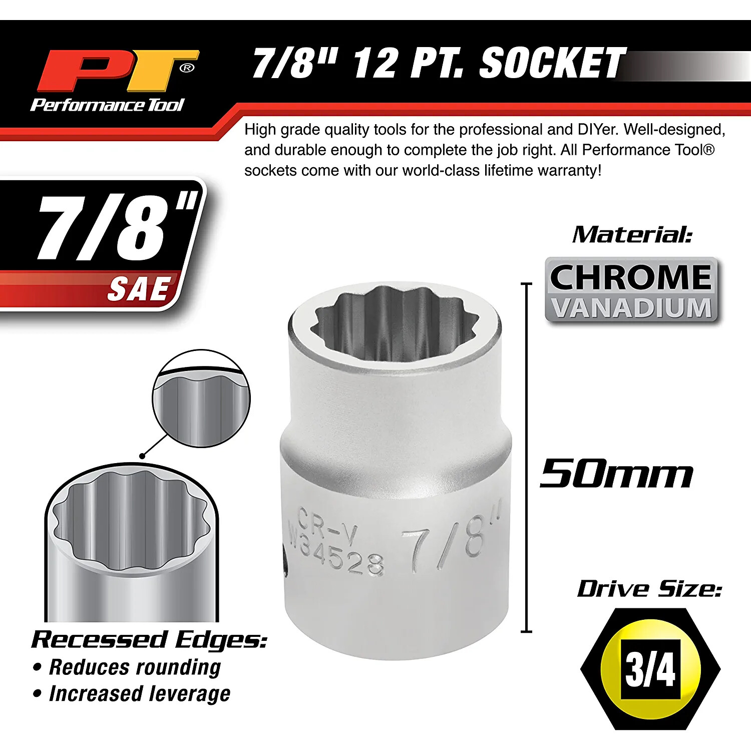 Performance Tool W34846 3/4" Drive 12-Point Standard Socket 46mm - 46mm ...