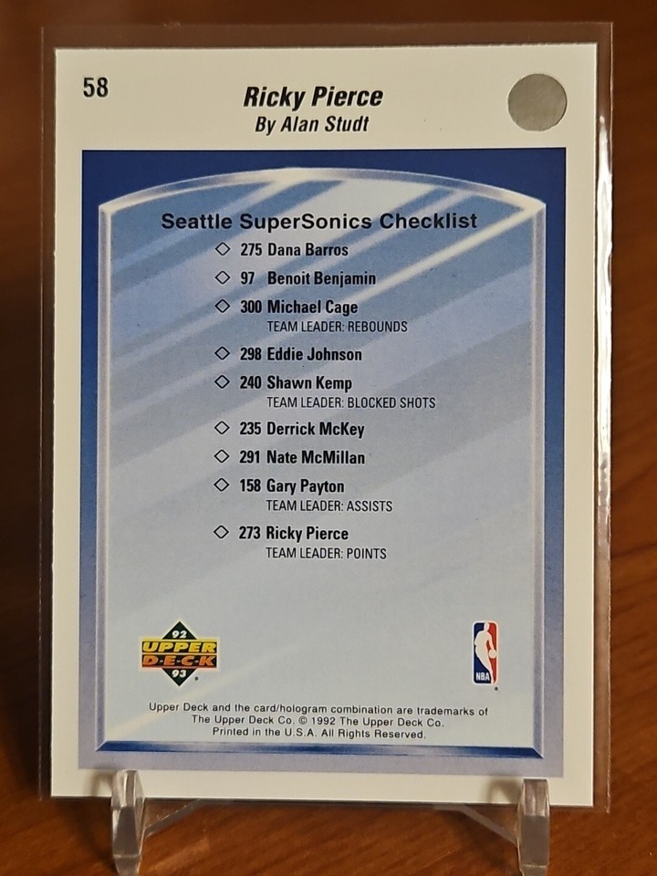1992-93 Upper Deck Basketball Card Ricky Pierce Seattle SuperSonics #58 ...