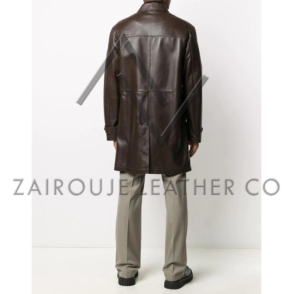 Mens Leather Coat - Black Button-Up Long Jacket, Real Lambskin Classic ...