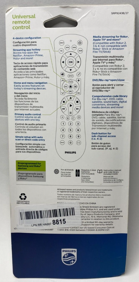 Phillips Tv Remote Control Replacement for Led Lcd SRP9243B / 27 4k ...