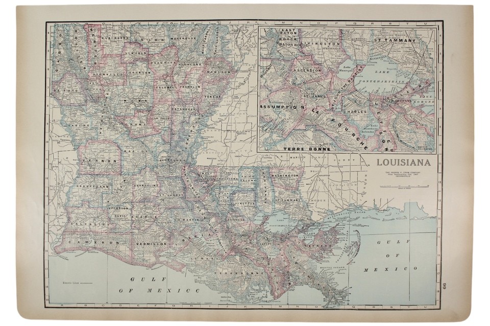 LOUISIANA Antique MAP STATE Counties Large COLOR 1928 21"x14" Jazz Age ...