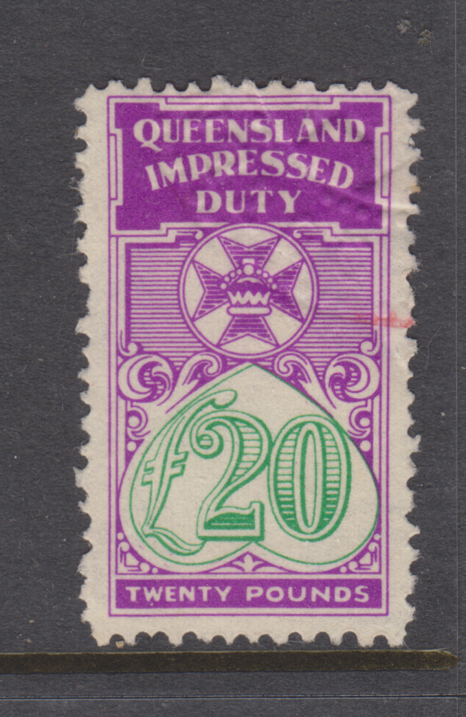 1960 QUEENSLAND £20 IMPRESSED STAMP DUTY CROWN SMALL FORMAT Q W/M ...