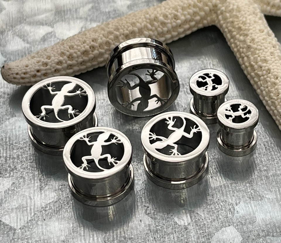 PAIR Lizard Steel Screw Fit Tunnels Plugs Earlets Gauges Gecko Body ...