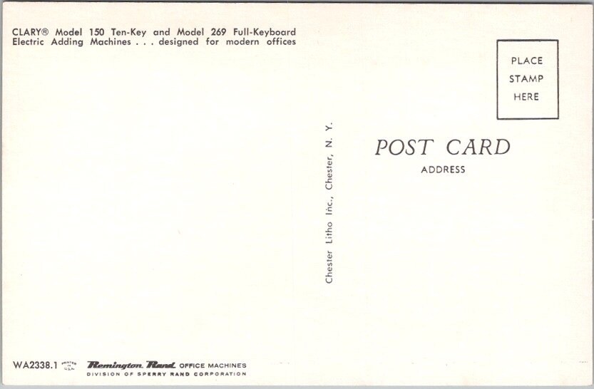 1950s REMINGTON RAND Advertising Postcard CLARY Model 150 10-Key Adding ...