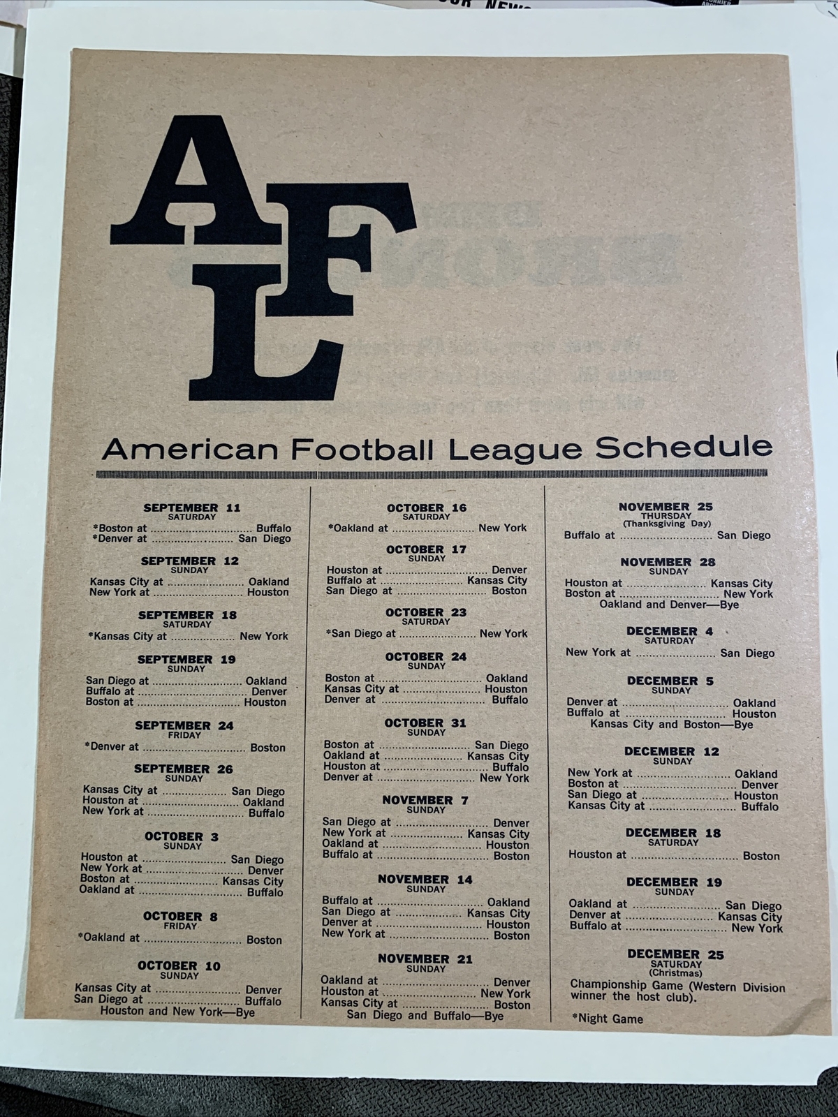 AFL American Football League Schedule 1965 PFA Football Pictorial 8X11 ...