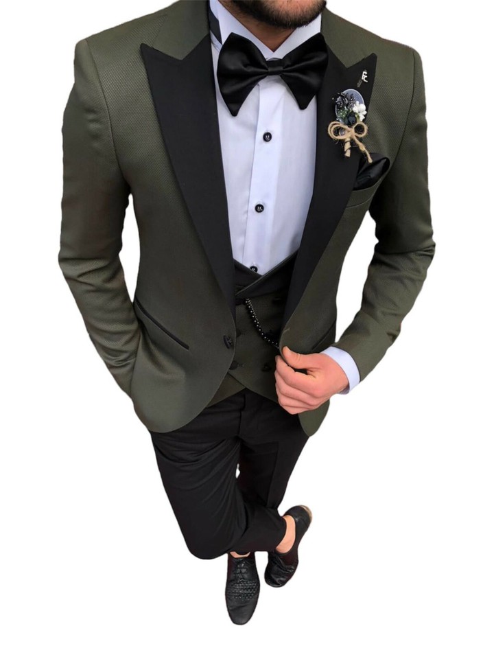 Green Khaki 5 Piece Smoking Party Wedding Suit Men's Tailored Slim Fit ...