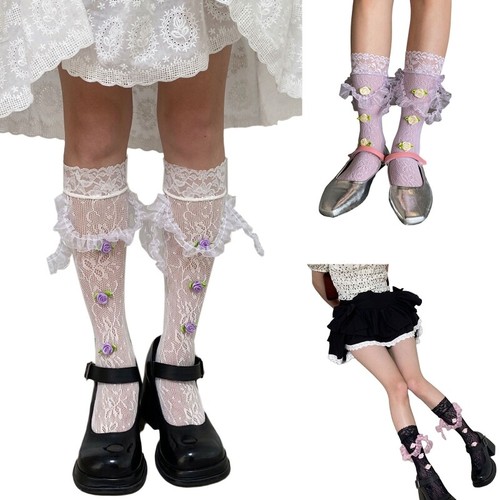 Japanese Lace Stockings 1 Pair Flower Hollow Mesh Thin Pile Socks | eBay