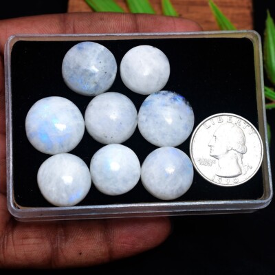 8 Pcs Natural Blue Fire Moonstone 16mm-19mm Round Cabochon Gemstones ...