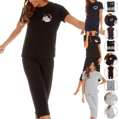 Ladies Jersey Cotton Short Sleeve Cropped Pyjamas Floral Heart ...