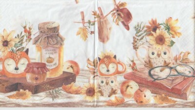 3 Servietten ~ Eule mit Fuchs Herbst Blumen Bücher Erntedank | eBay.de