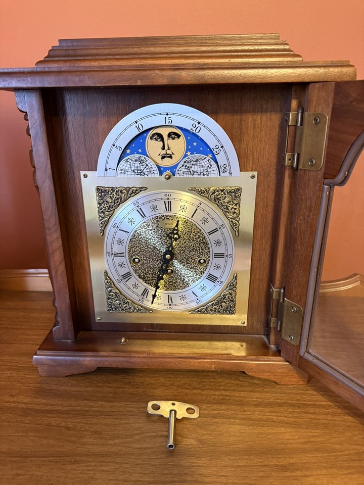 Moon Phase Emperor oak/walnut mantel clock untested. Missing handle on ...