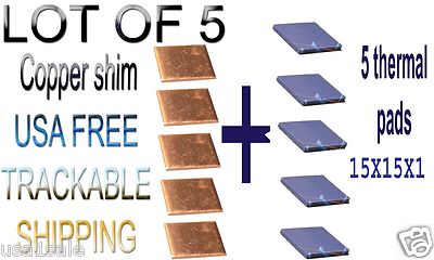 LOT OF 5 PIECES FAT COPPER SHIMS + 5 thermal silicone pads / GPU CPU ...