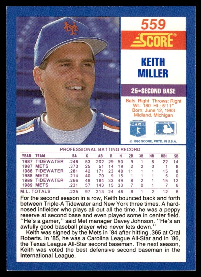Keith Miller #559 New York Mets 1990 Score Baseball Card | eBay