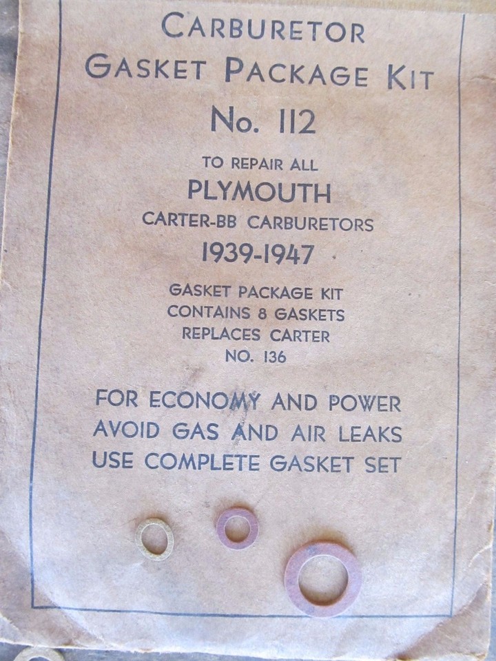 NOS Vintage Carter Carburetor Gasket Assortment No.112 Plymouth 1939 ...